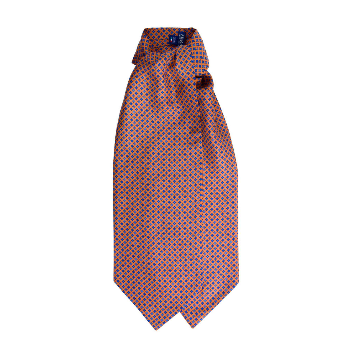 Orange Silk Ascot with Blue Square Pattern | Serà Fine Silk