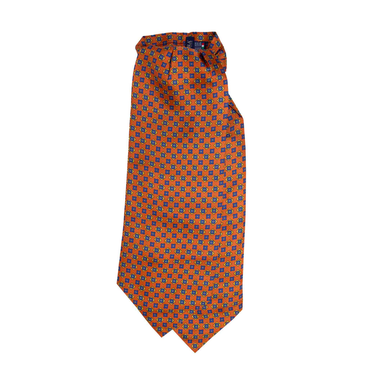 Orange Silk Ascot with Blue Rombs Pattern | Serà Fine Silk