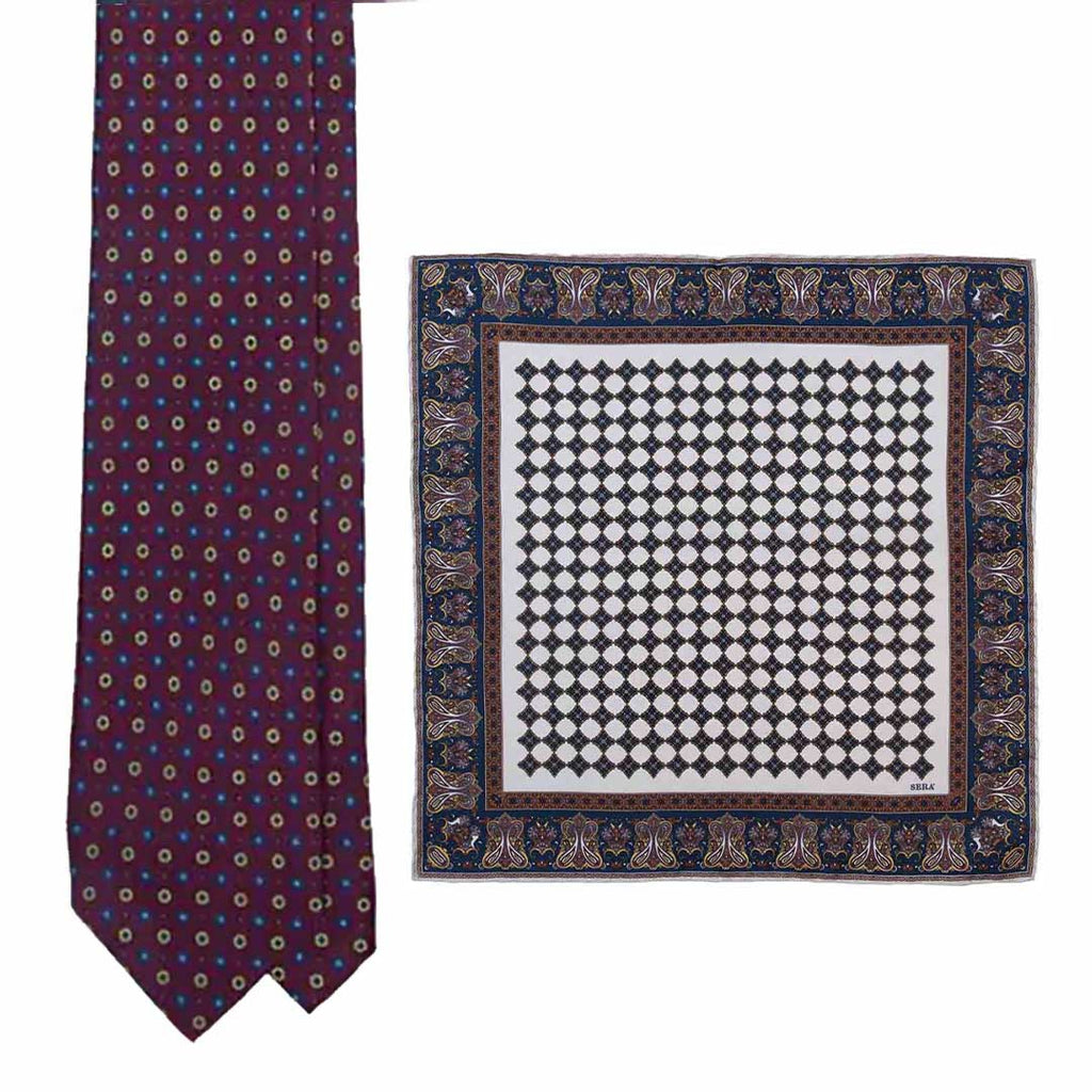 Burgundy Silk Tie and White Ravenna Pocket Square | Serà Fine Silk