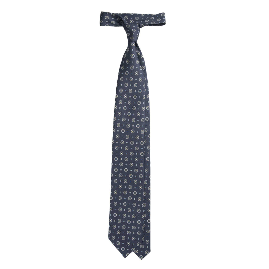 Dark Grey Silk Tie with White and Blue Circular Pattern | Serà Fine Silk
