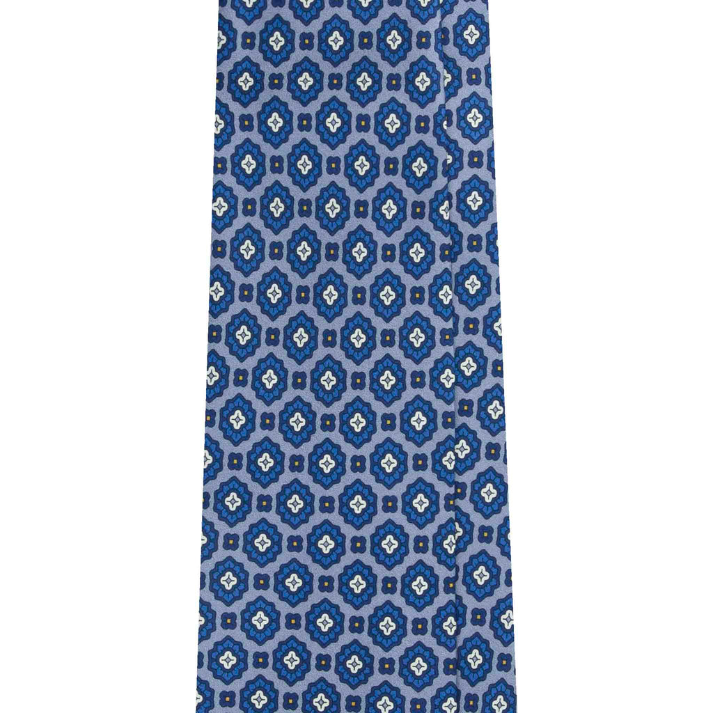 Grey with Light Blue and Yellow Medallions Silk Tie | Serà Fine Silk