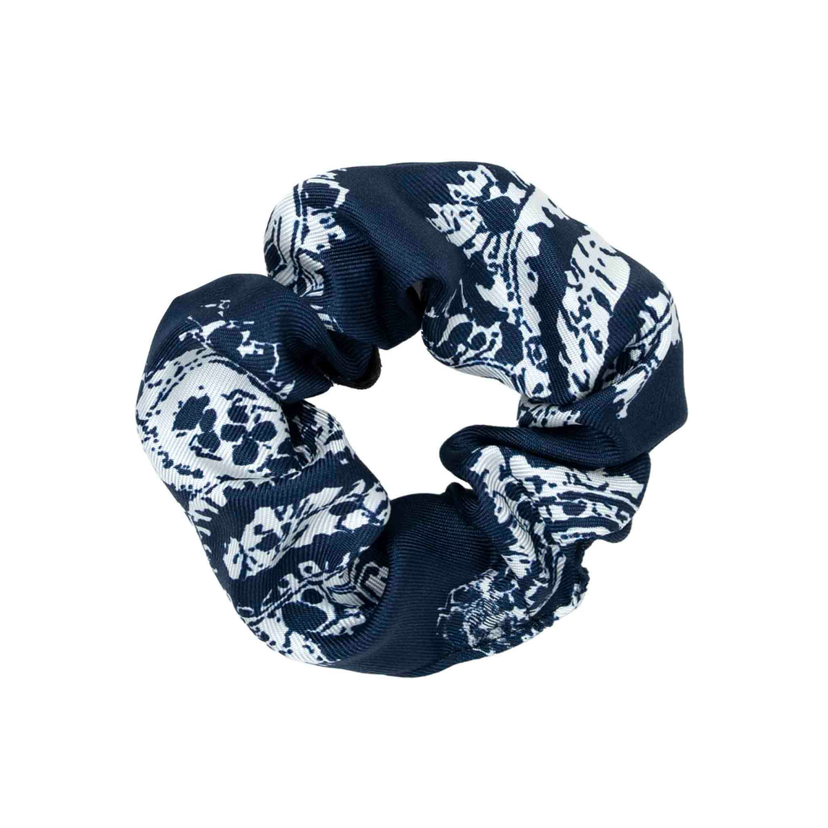 Navy Blue Silk Scrunchie with White Paisley | Serà Fine Silk