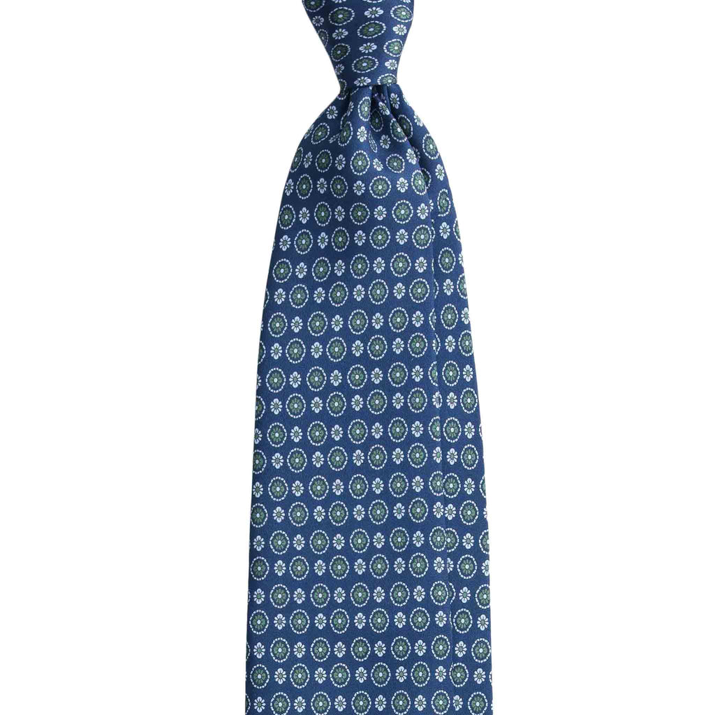 Blue Silk Tie with Green and Light Blue Flower Pattern | Serà Fine Silk
