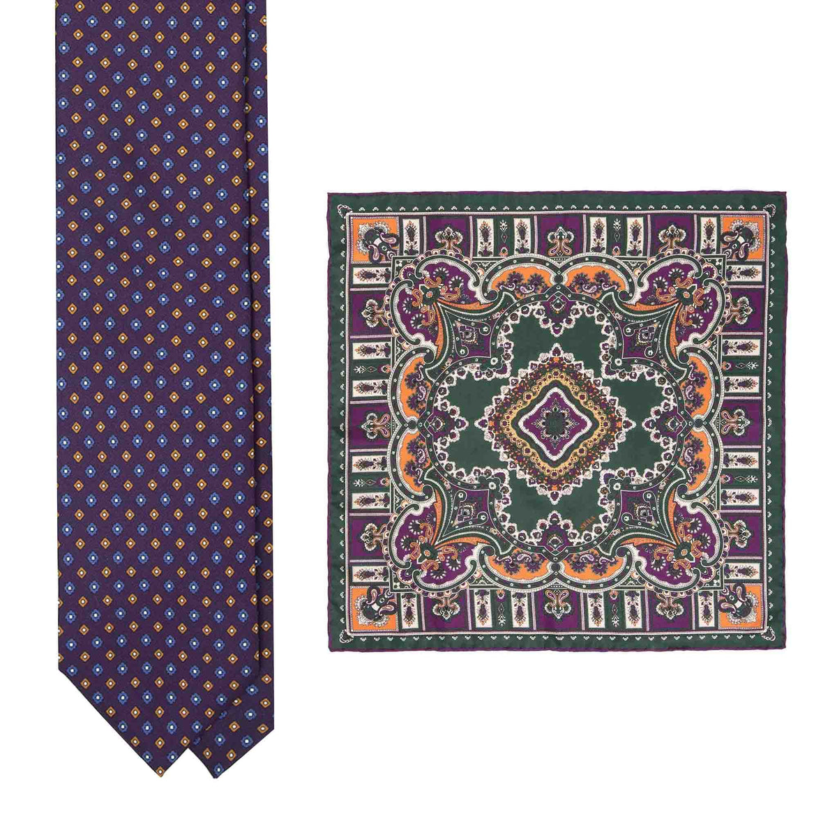 Purple Silk Tie & Green Pepper Barolo Pocket Square Set | Serà Fine Silk