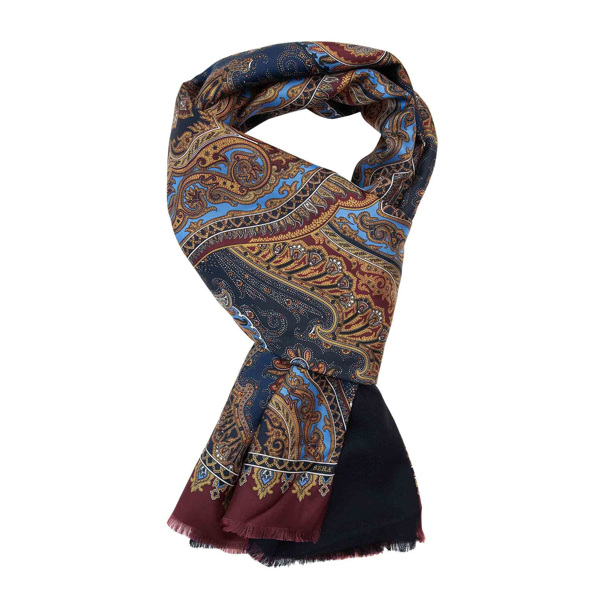 Blue and Burgundy Paisley Cashmere Scarf | Serà Fine Silk