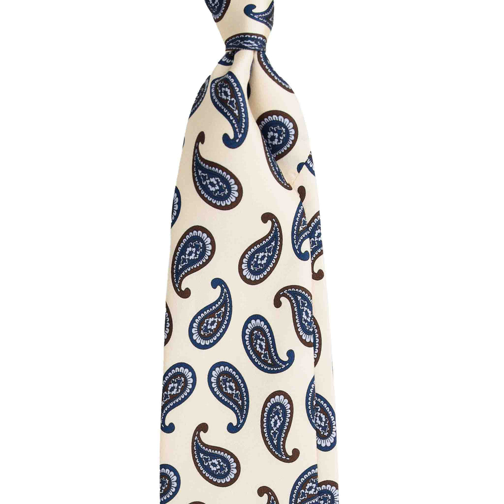 Ivory Silk Tie with Blue Paisley Pattern | Serà Fine Silk