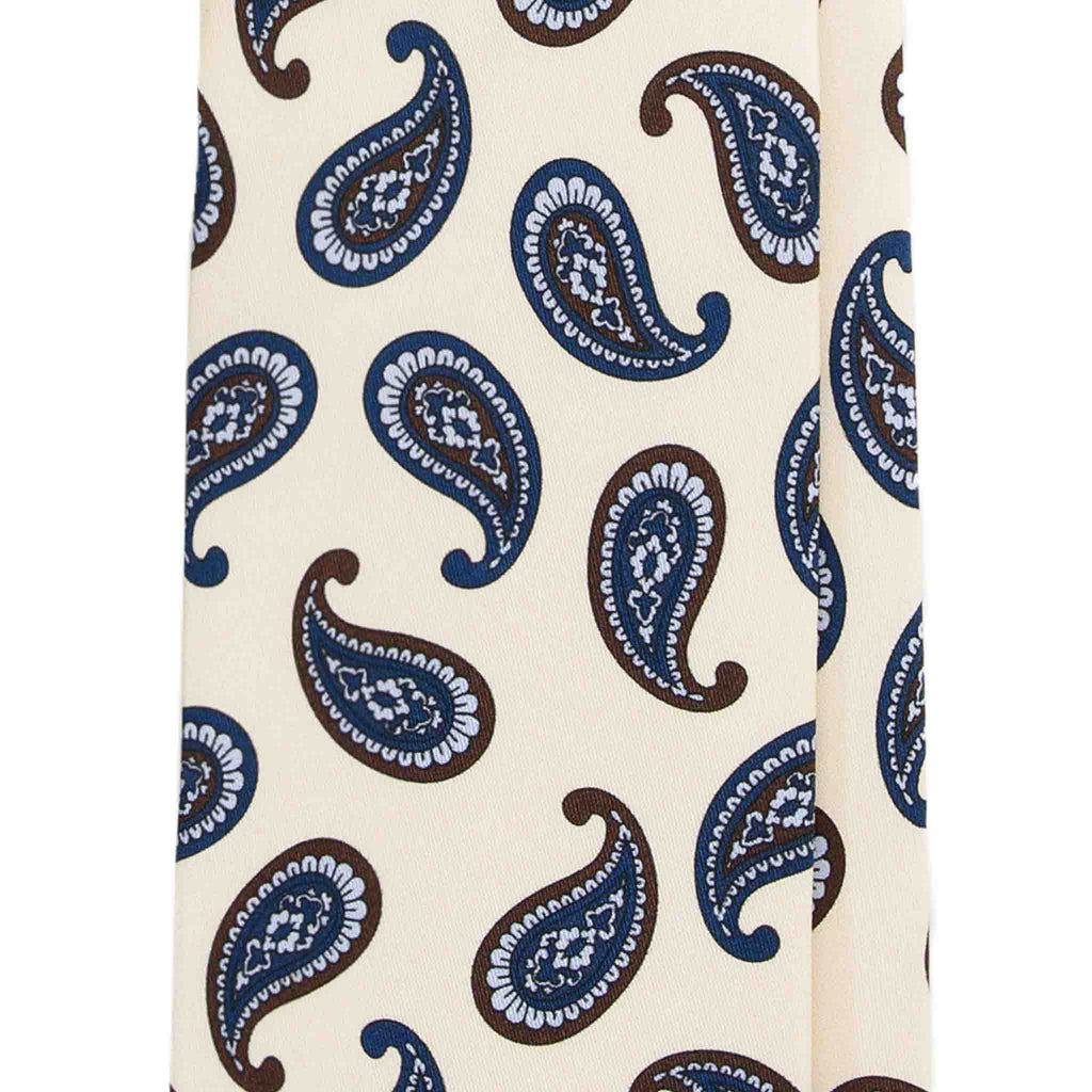 Ivory Silk Tie with Blue Paisley Pattern | Serà Fine Silk