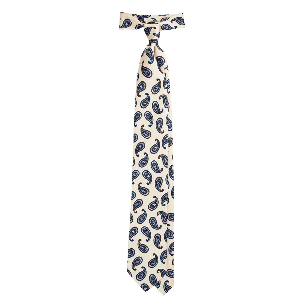 Ivory Silk Tie with Blue Paisley Pattern | Serà Fine Silk